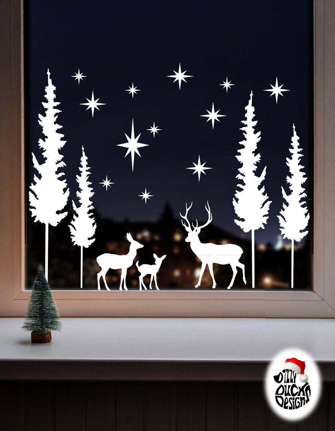 Dizzy Duck White Stag Deer Forest Winter Scene Window Clings - Reusable ...