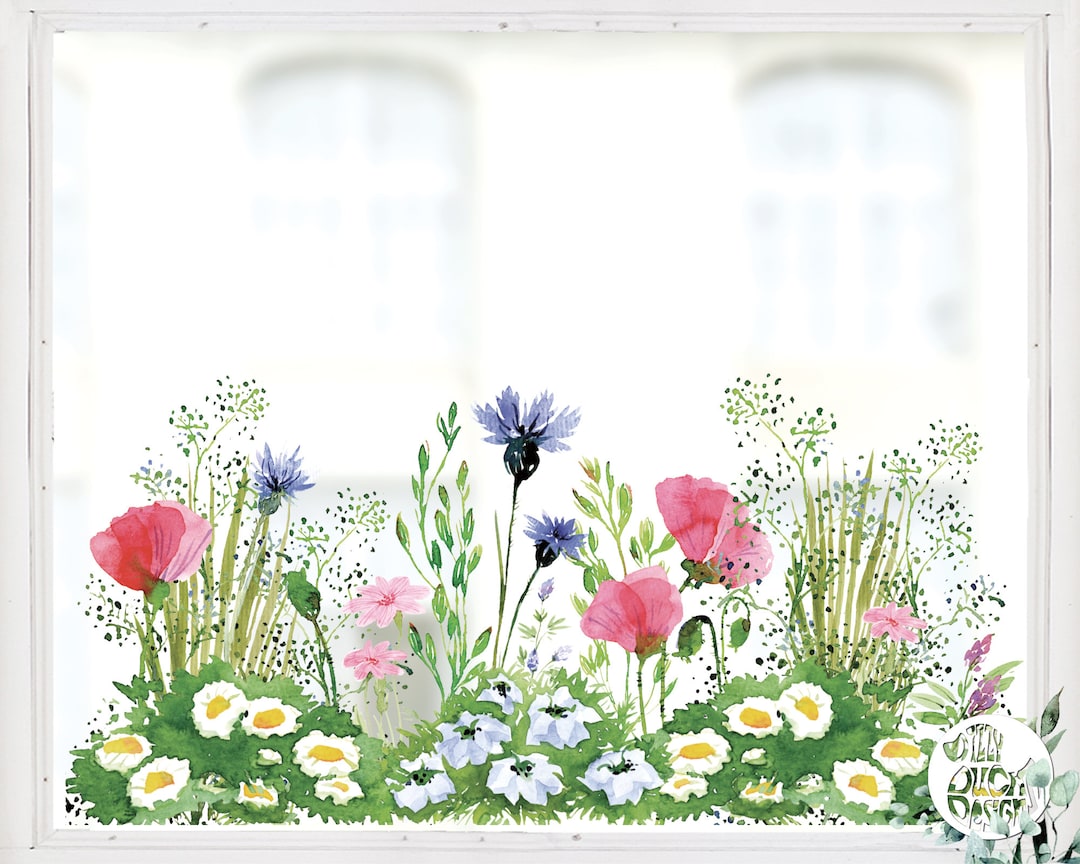 Watercolour Spring Meadow Window Decal - Reusable Pink Blue Flower ...
