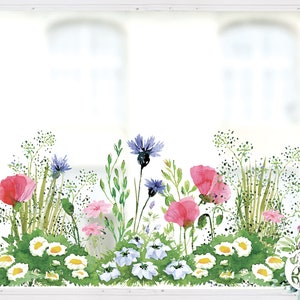 Watercolour Spring Meadow Window Decal - Reusable Pink Blue Flower ...
