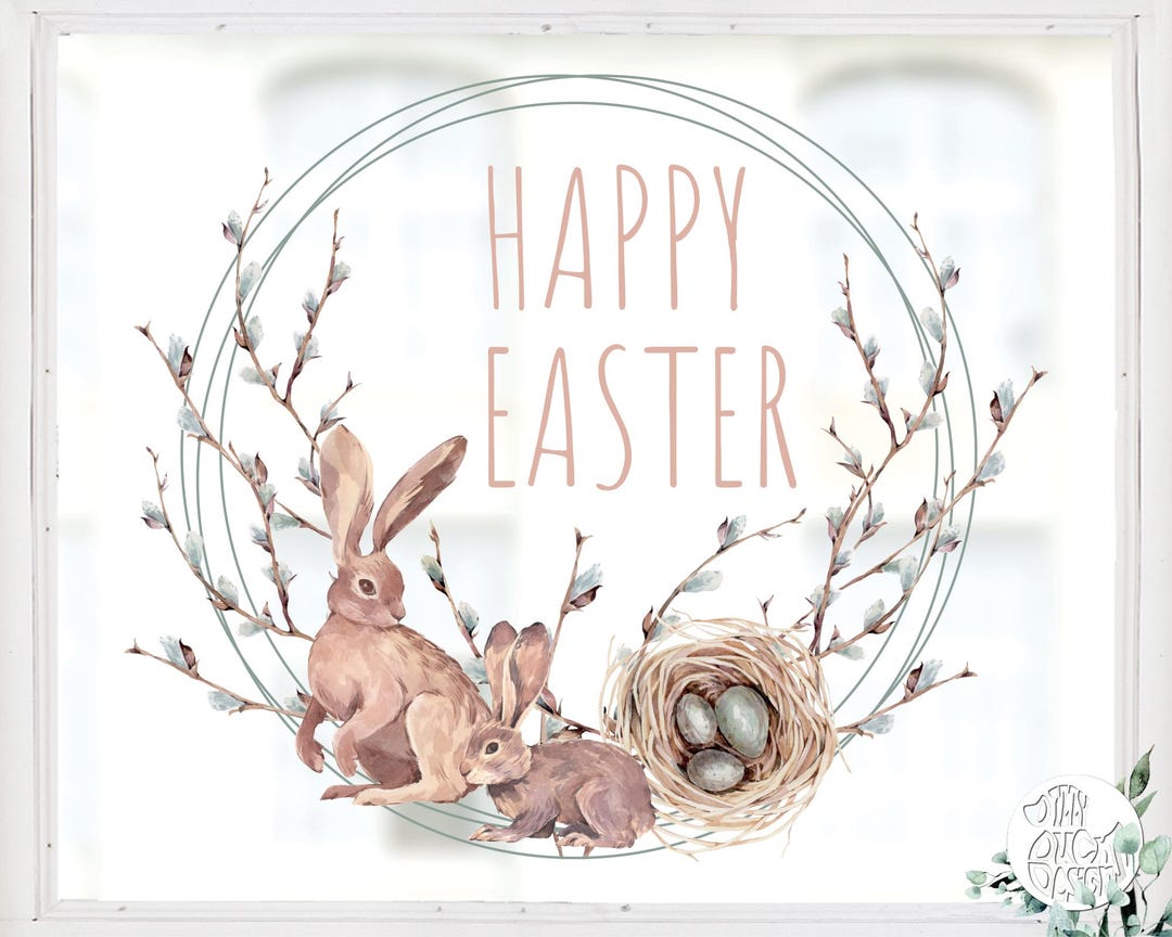 Happy Easter Window Decal Wreath - Easter Bunny Rabbits Shop Window ...
