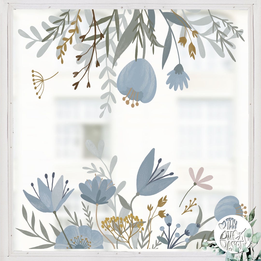 Blue Spring Flower Window Decal Border - Reusable Double Sided Floral ...