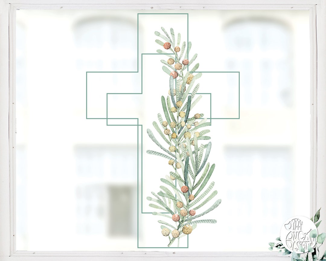 Cross Window Cling With Green Spring Leaves - Easter Religious Window ...