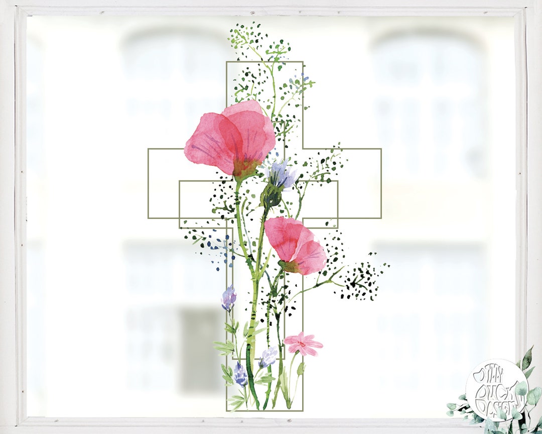 Cross Window Decal With Pink Blue Spring Flowers - Easter Religious ...