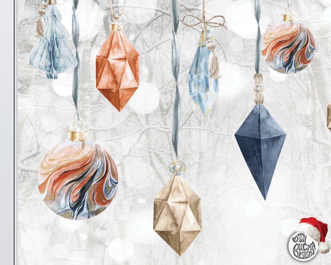10x Boho Christmas Bauble Window Decal Clings - Red Blue Watercolour ...