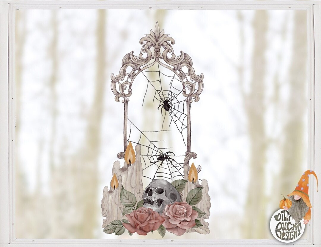 Gothic Halloween Window Sticker - Candles With Mirror Spider Webs and ...