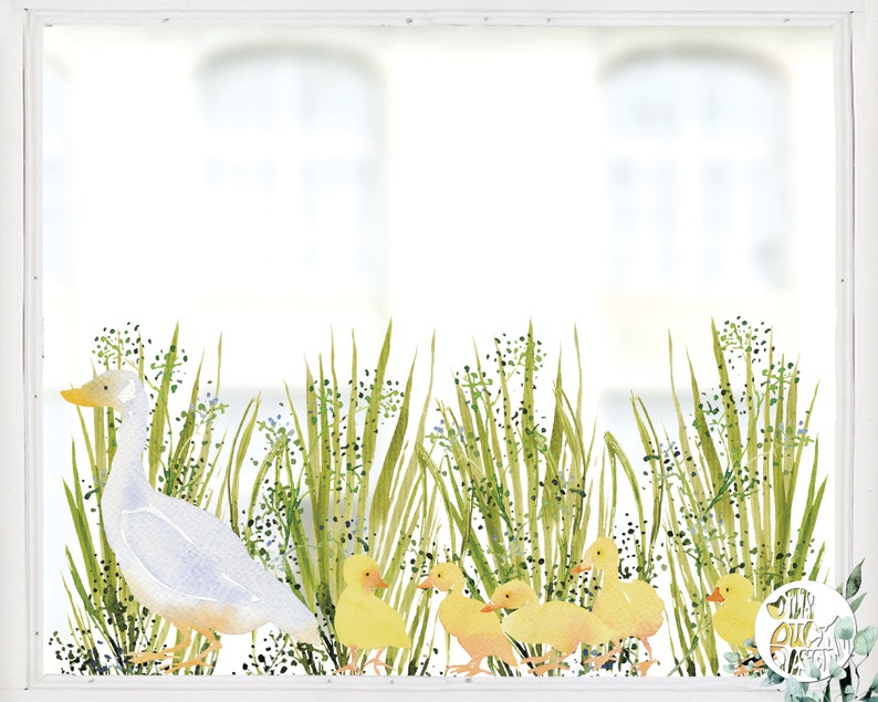 Duck Window Sticker - Mummy Duck and Duckling Green Grass Spring Window ...
