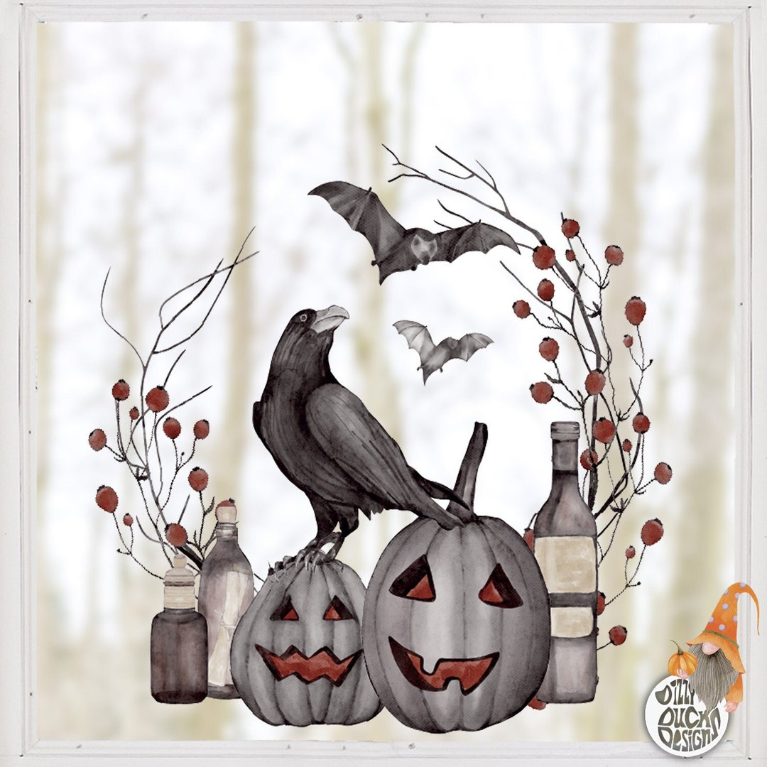 Halloween Crow Window Cling - Gothic Black Bird Window Sticker Wreath ...