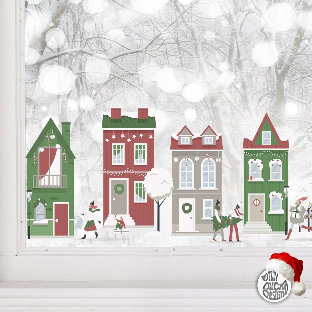 Christmas Village Window Sticker Set - Winter City Town Street Scene ...