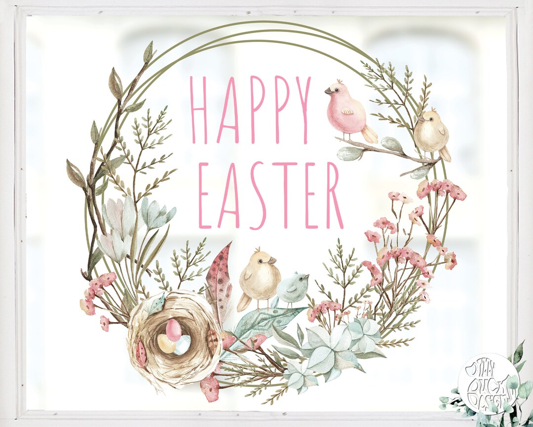 Happy Easter Window Sticker Spring Flower Wreath Window Decal Bird Nest ...