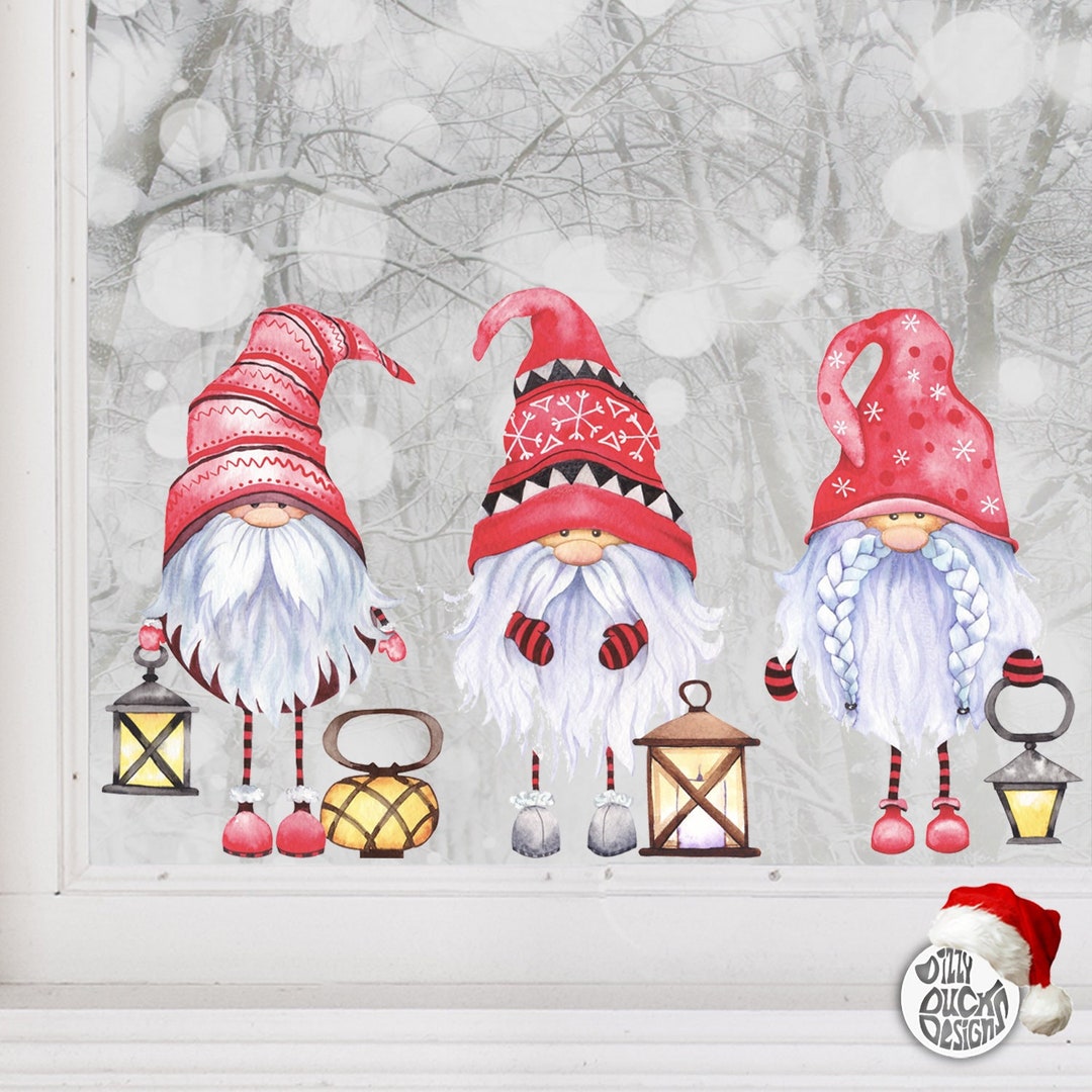 Dizzy Duck Christmas Gnome Window Clings - Reusable Double Sided Red ...