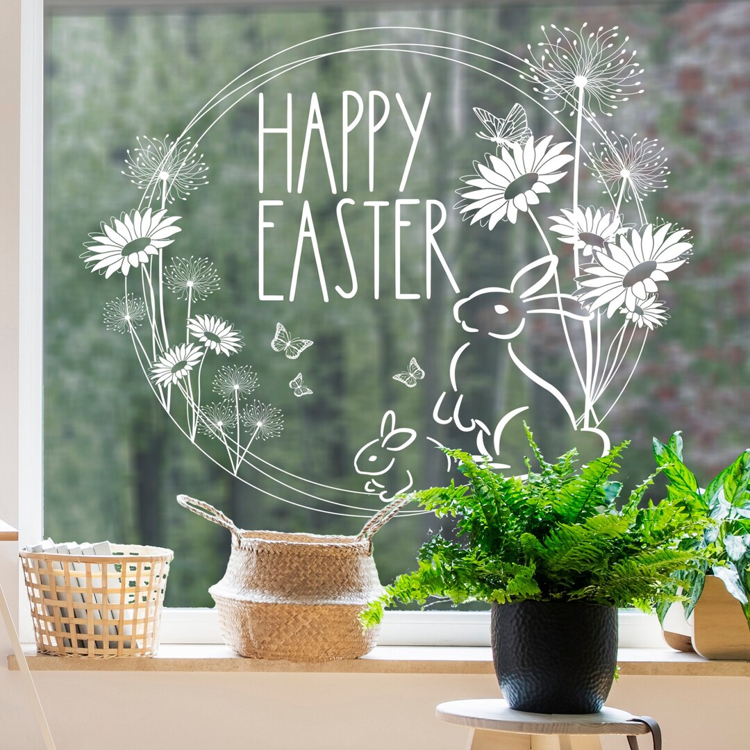 Happy Easter Window Sticker Wreath Easter Bunny Meadow Flower Window ...