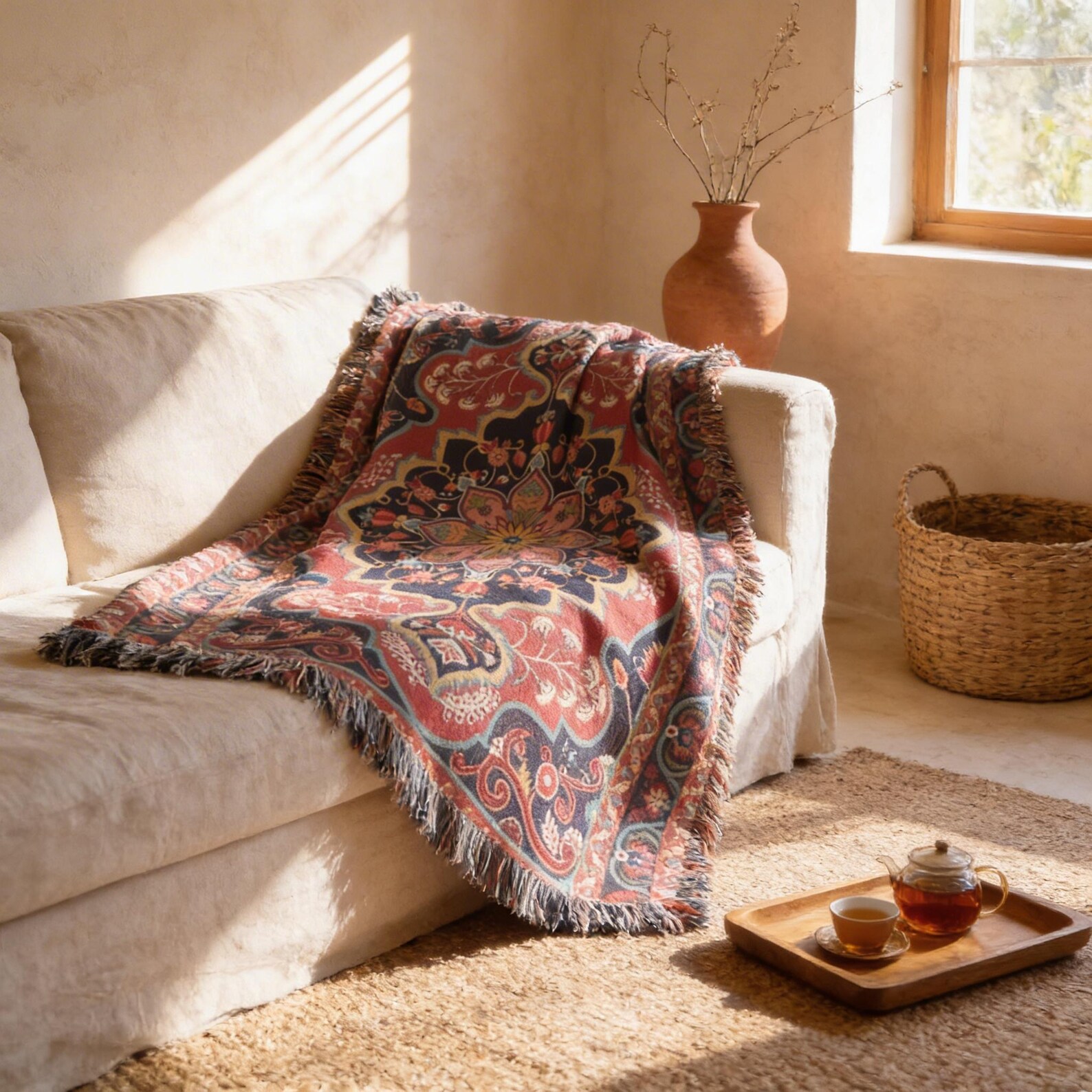 Oriental Design Cotton Throw Blanket, Oriental Pattern Picnic Throw ...
