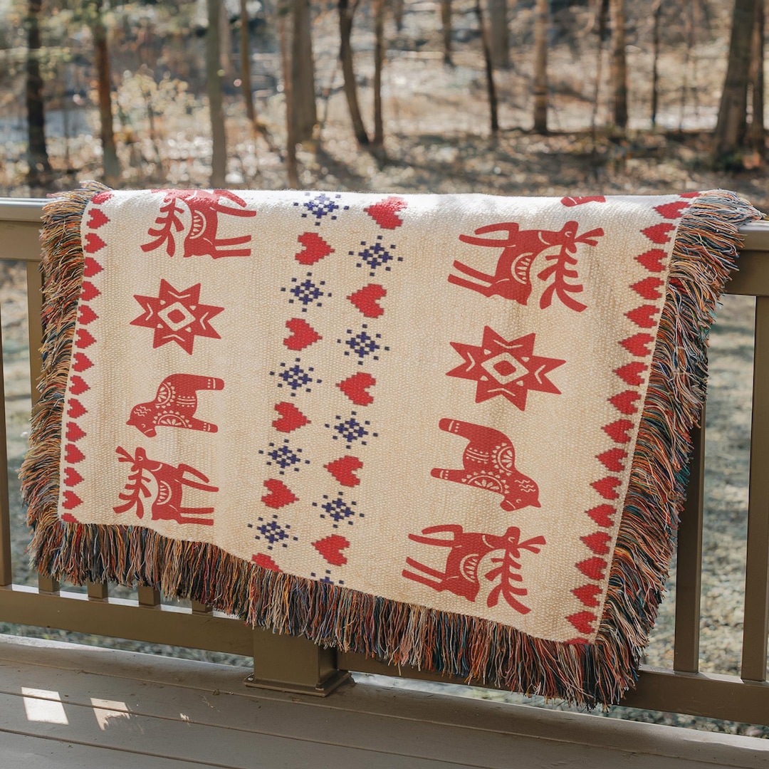 Scandinavian Woven Blanket, Swedish Dala Horse and Reindeer Throw, Cozy ...