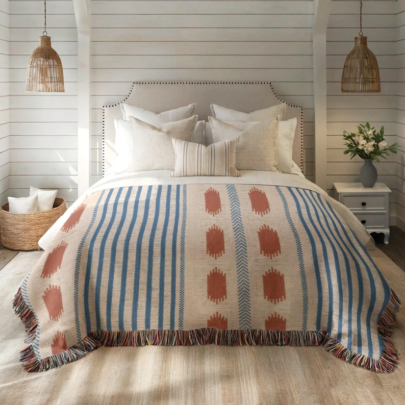 Blue Striped Red Dot Pattern Blanket Cozy Throw (cotton, Lightweight ...