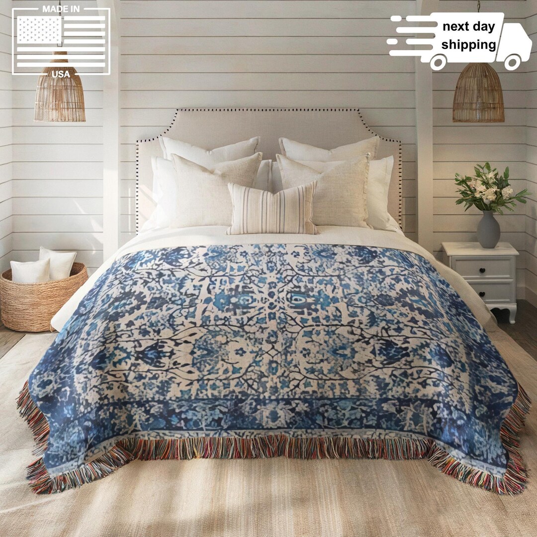Persian Rug-like Cotton Throw Blanket, Soft Woven Decorative Bedspread ...
