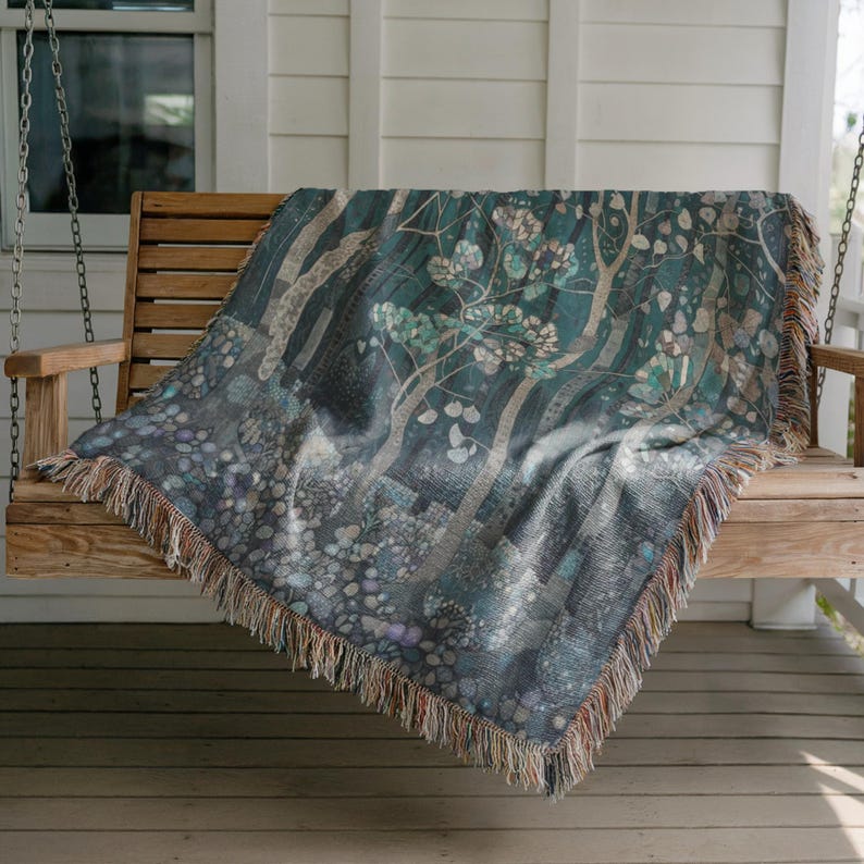 Woven Blanket Art Nouveau: Klimt-inspired Patina Blue Throw, Cotton ...