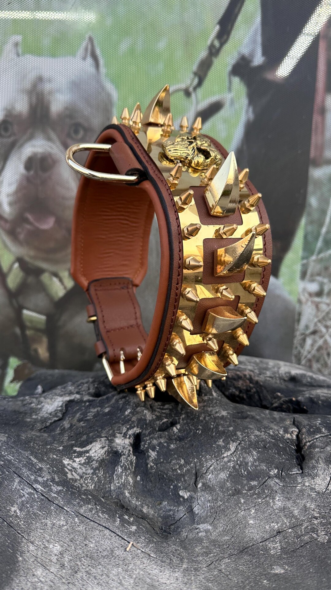 Handmade Punisher Skull Leather Dog Collar | Gold Spiked, Heavy Duty - Etsy