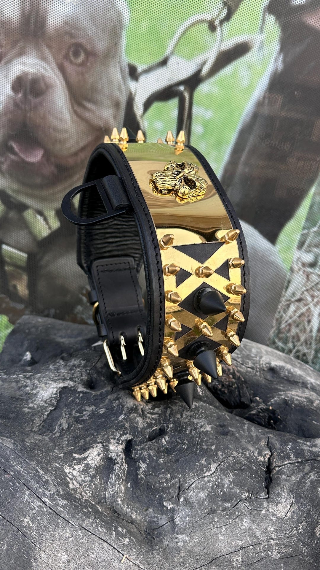 Handmade Punisher Skull Leather Dog Collar | Gold Spiked, Heavy Duty - Etsy
