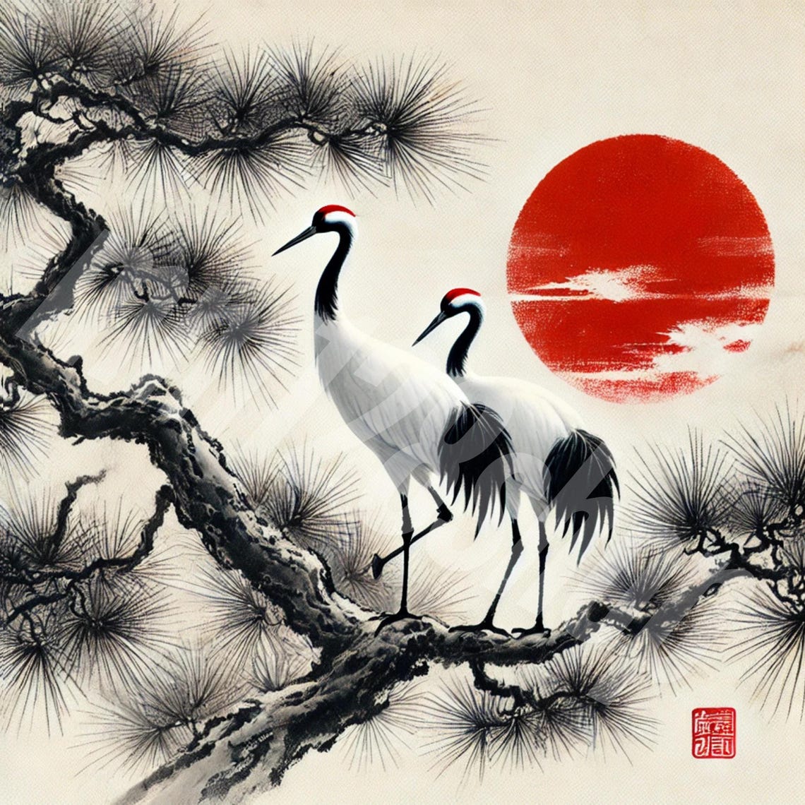 Sumi-e Painting – Traditional Japanese Ink Art Print | Handcrafted Sumi-e Art – Cranes & Nature ...