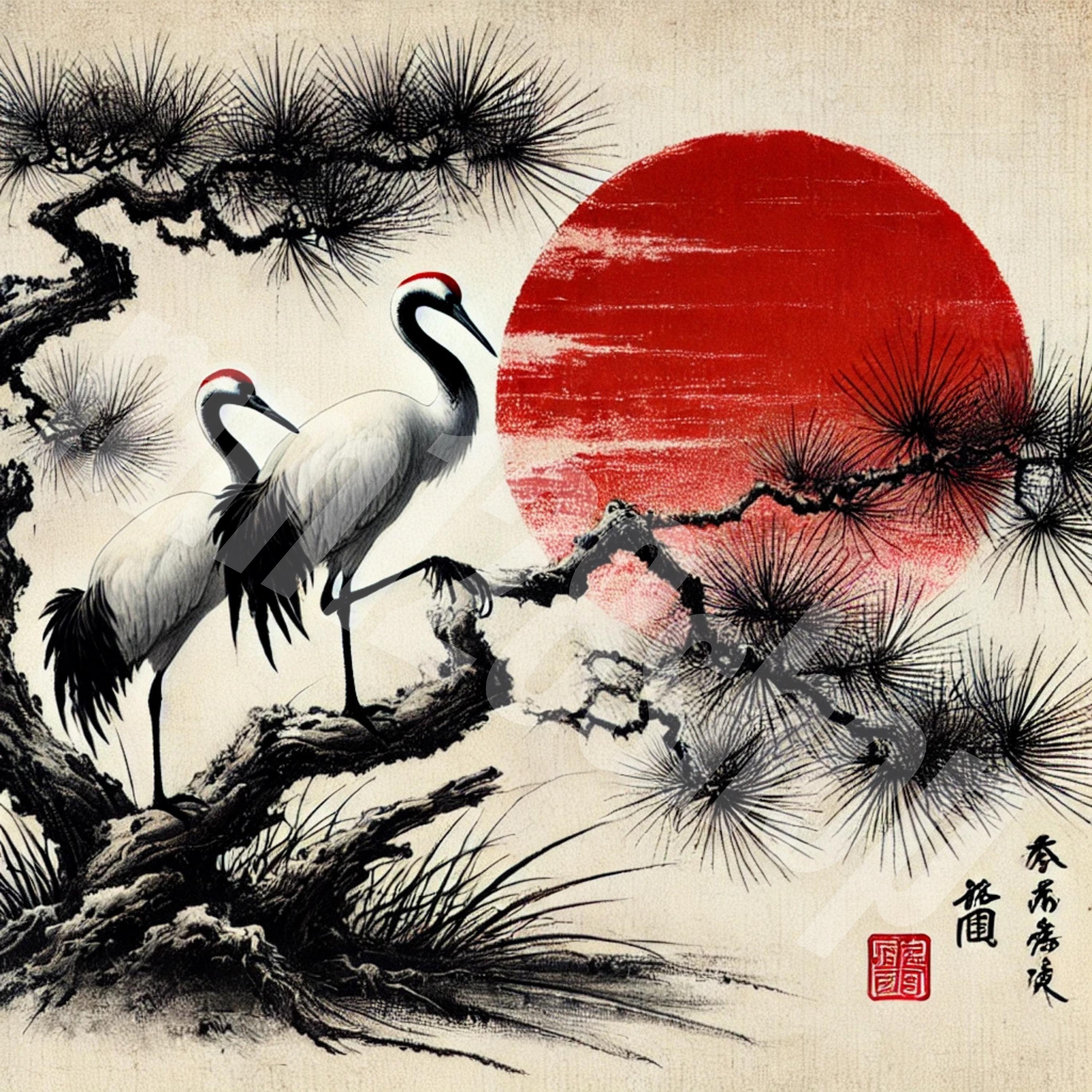 Sumi-e Painting – Traditional Japanese Ink Art Print | Handcrafted Sumi-e Art – Cranes & Nature ...