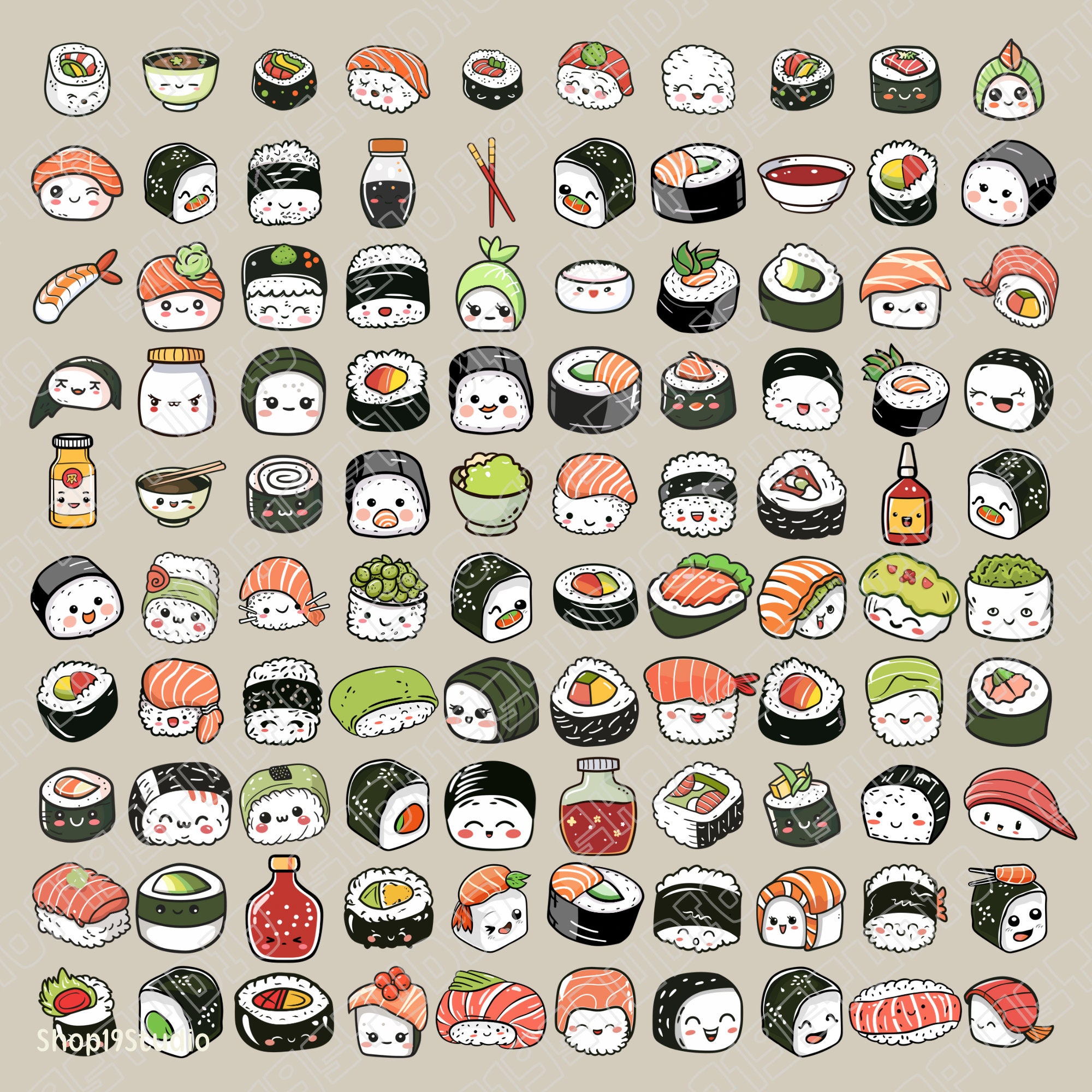 Adorable Chibi Sushi Rolls Sticker Sheet - Hand-drawn Animation Style ...