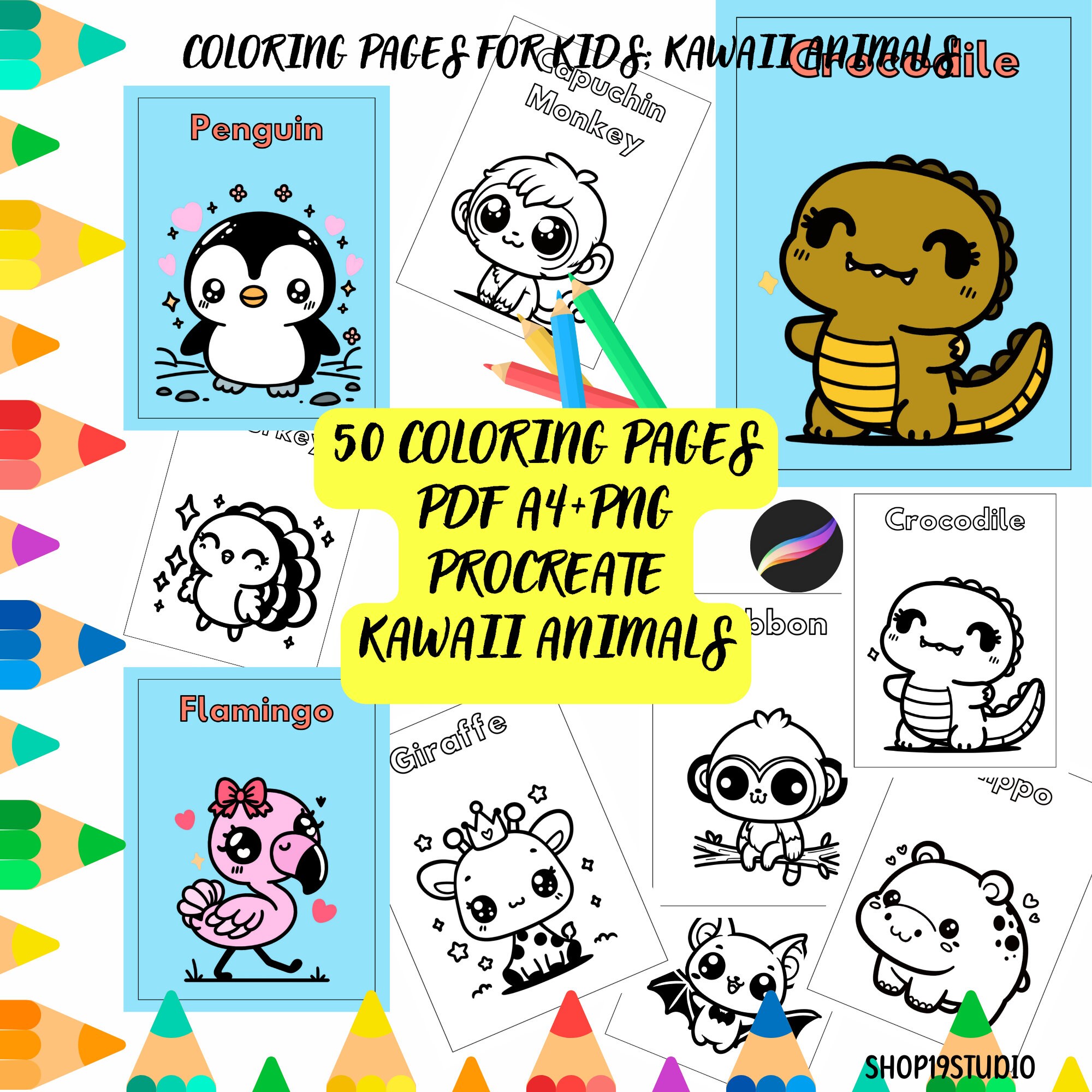 Adorable Kawaii Animal Coloring Pages for Kids Digital Download, 50 ...