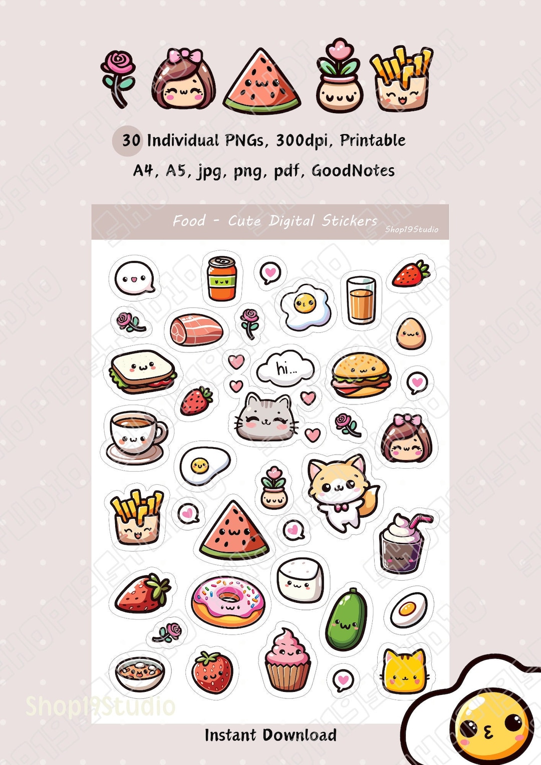 Adorable Kawaii Digital Stickers, Food, Printable, A4, A5 Format, JPG ...