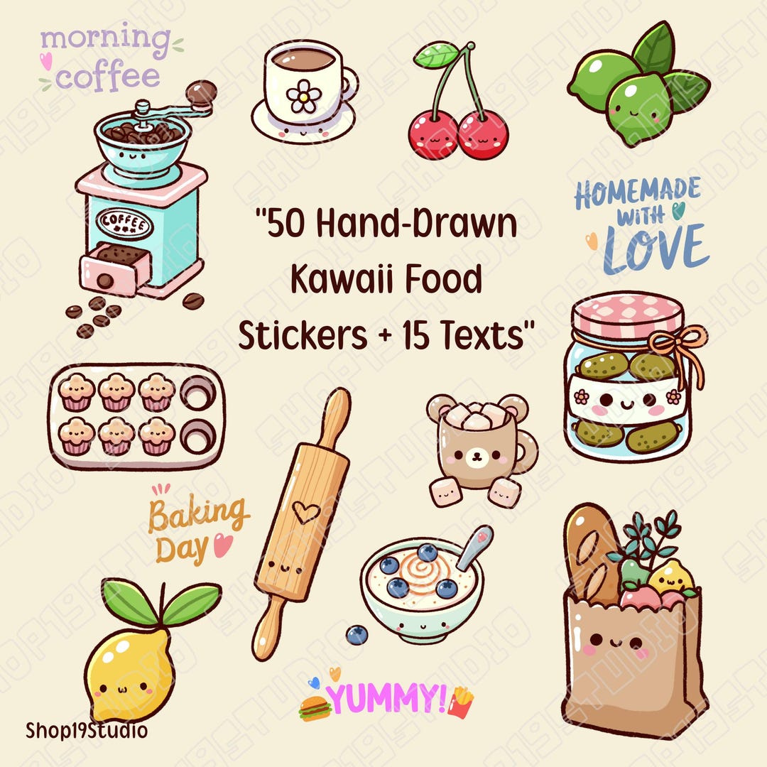50 Hand-drawn Kawaii Digital Stickers – Cute Food Stickers for Planners ...