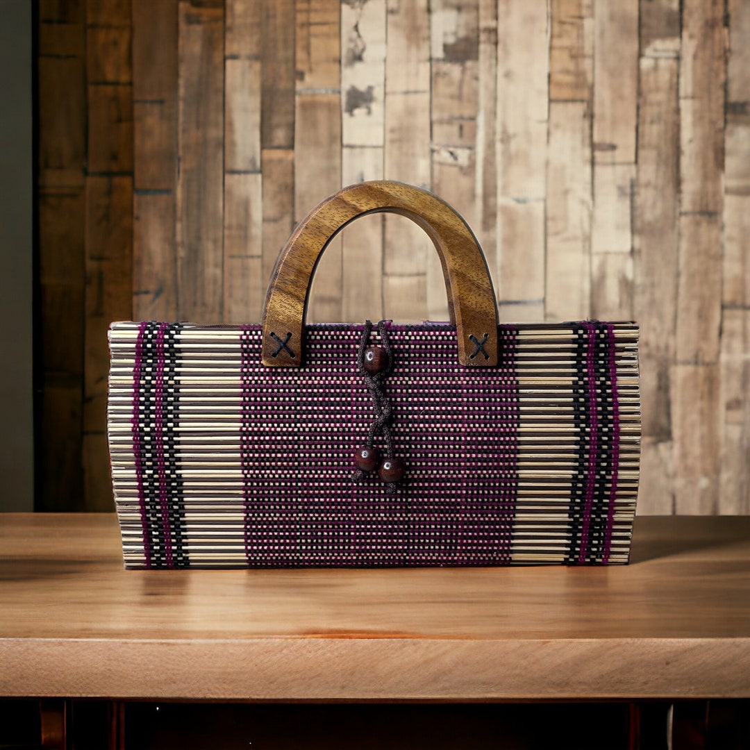 Bamboo Weave Handbag With Wooden Handle Toggle Closure Collapsible ...
