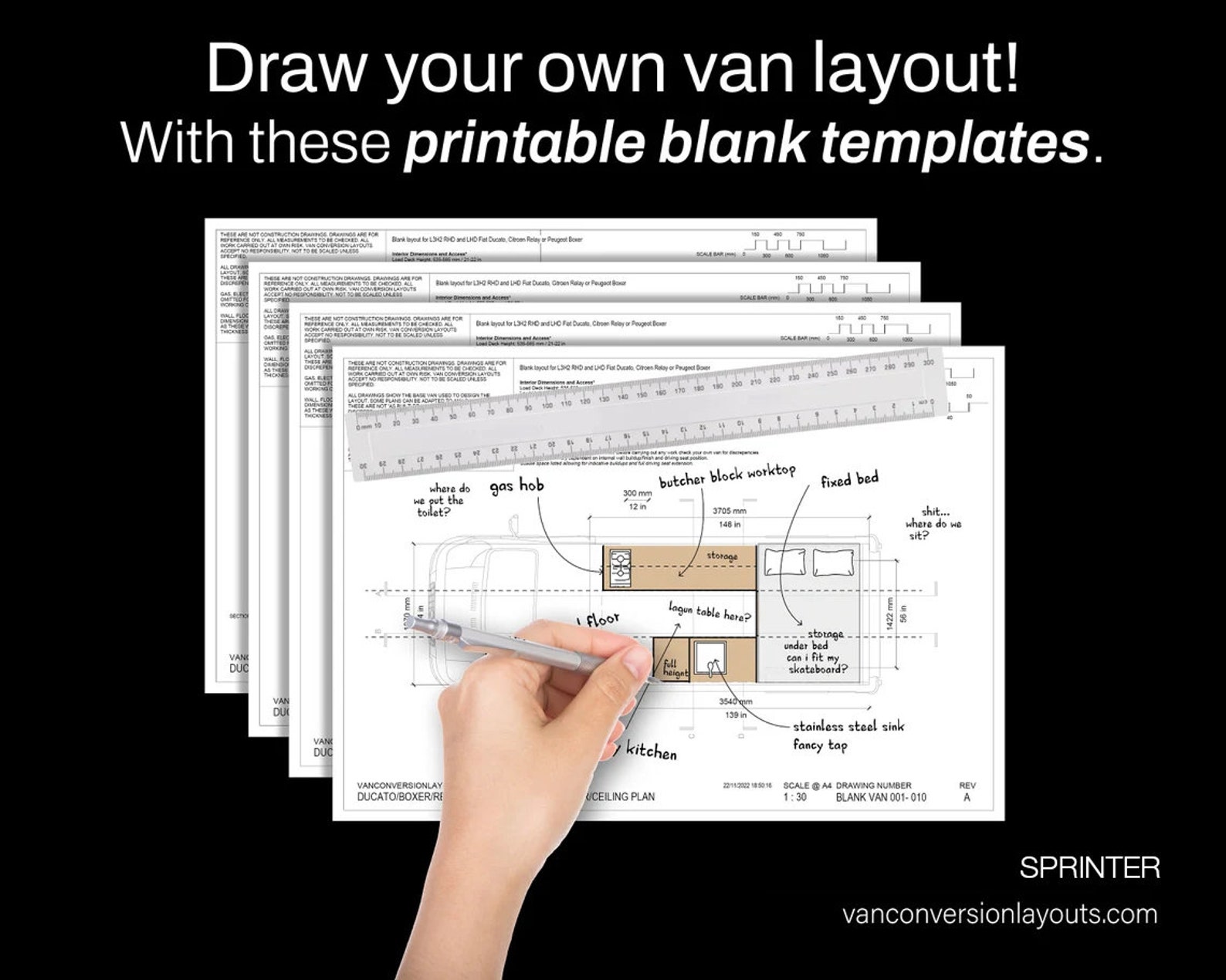Mercedes Sprinter 170 L3H2 Printable DIY Design Blank Van Layout ...