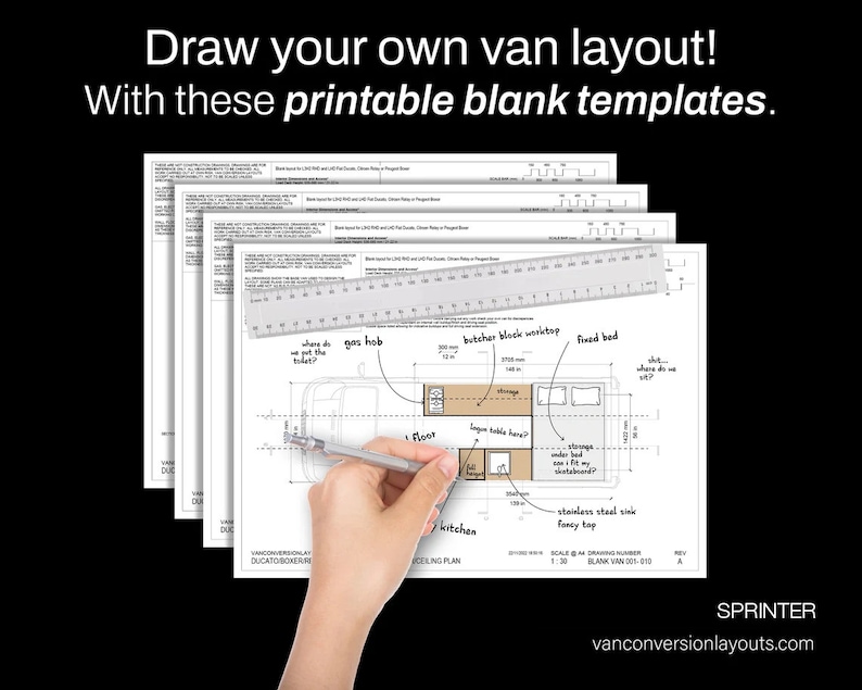 Mercedes Sprinter 170 L3H2 Printable DIY Design Blank Van Layout ...