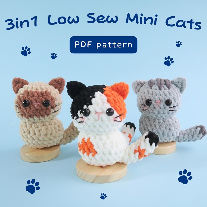 3in1 Low Sew Mini Cats Crochet Pattern, Mini Siamese Cats, Mini Tabby ...