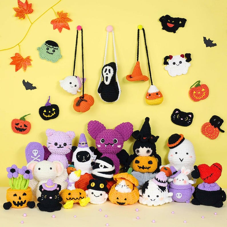 Set 35 Halloween Crochet Pattern, Ghost Pumpkin Pattern, Chunky Bat ...