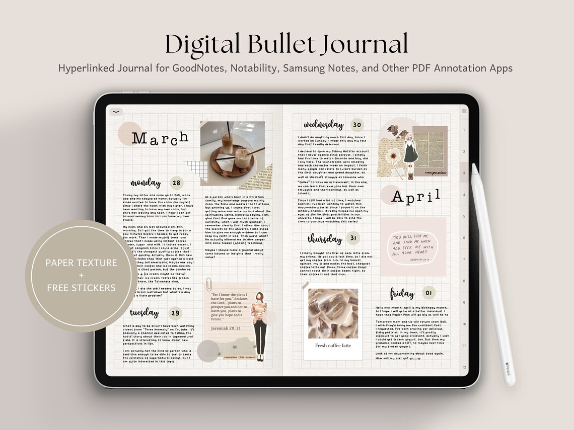 Digital Bullet Journal Paper Texture Undated Notebook With - Etsy