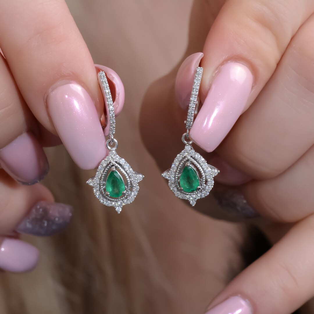 Genuine Matchless Emerald Earrings, Pear Emerald Special Earrings, Pear ...