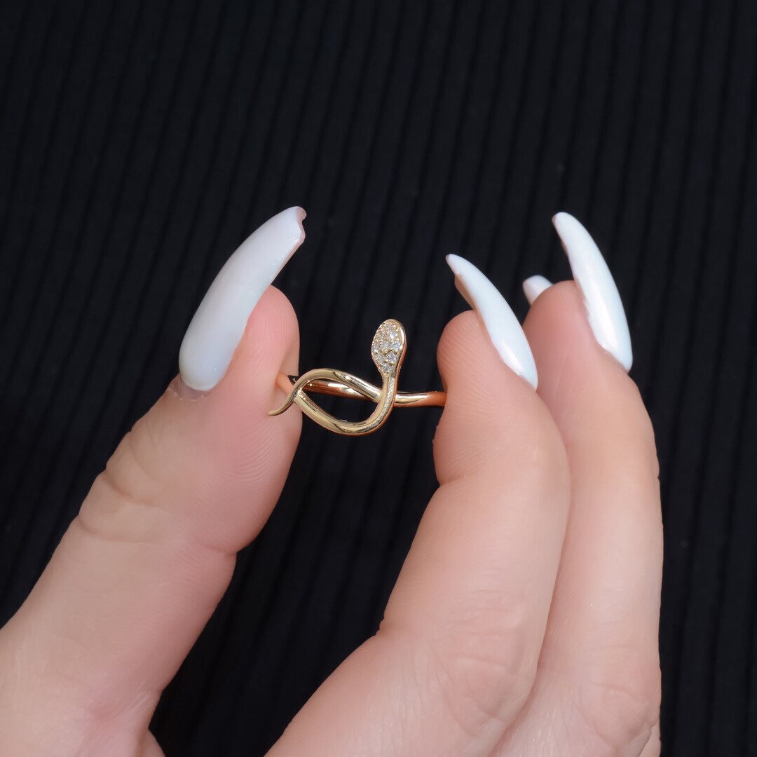 14k Solid Gold Diamond Snake Serpent Ring, Dainty Stacking Animal Ring ...