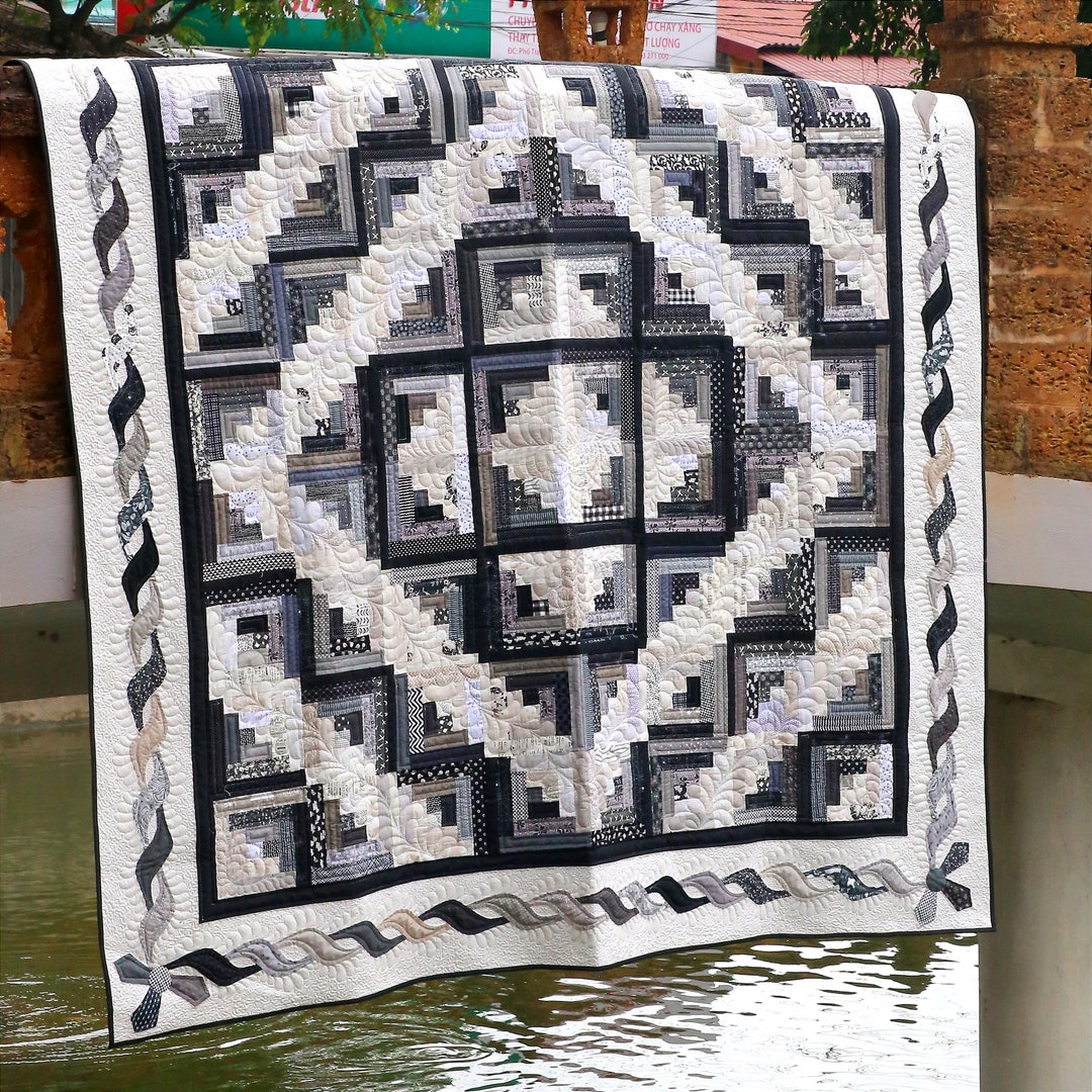 Amish Hand-quilted Log Cabin Quilt, Black Gray White Patchwork - Etsy