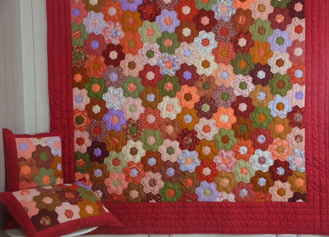 Hexagon Quilt , Amish Hand Quilted Bordeaux Patchwork, Grandmother's ...