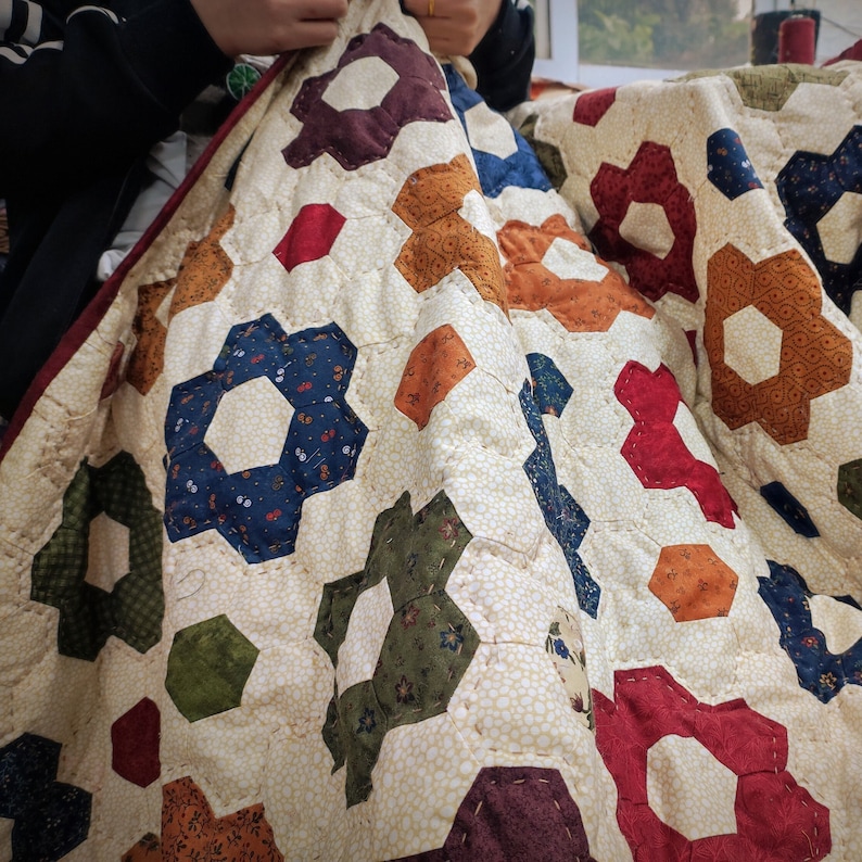 Hexagon Quilt for Sale, Amish Hand Quilted Bordeaux Patchwork ...