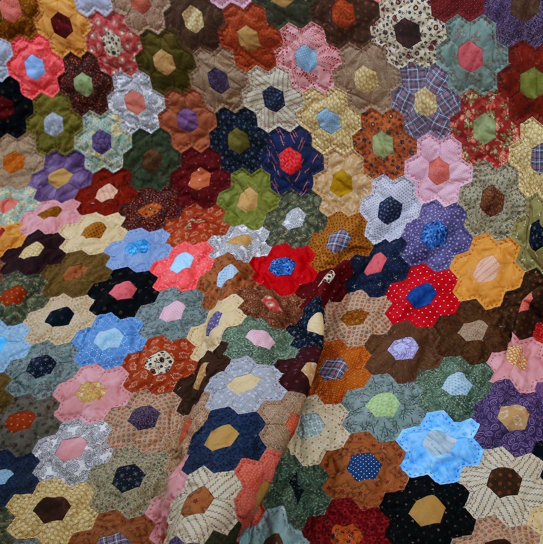 Hand-quilted Hexagon Quilt: Amish Bordeaux Patchwork, Grandmother's ...
