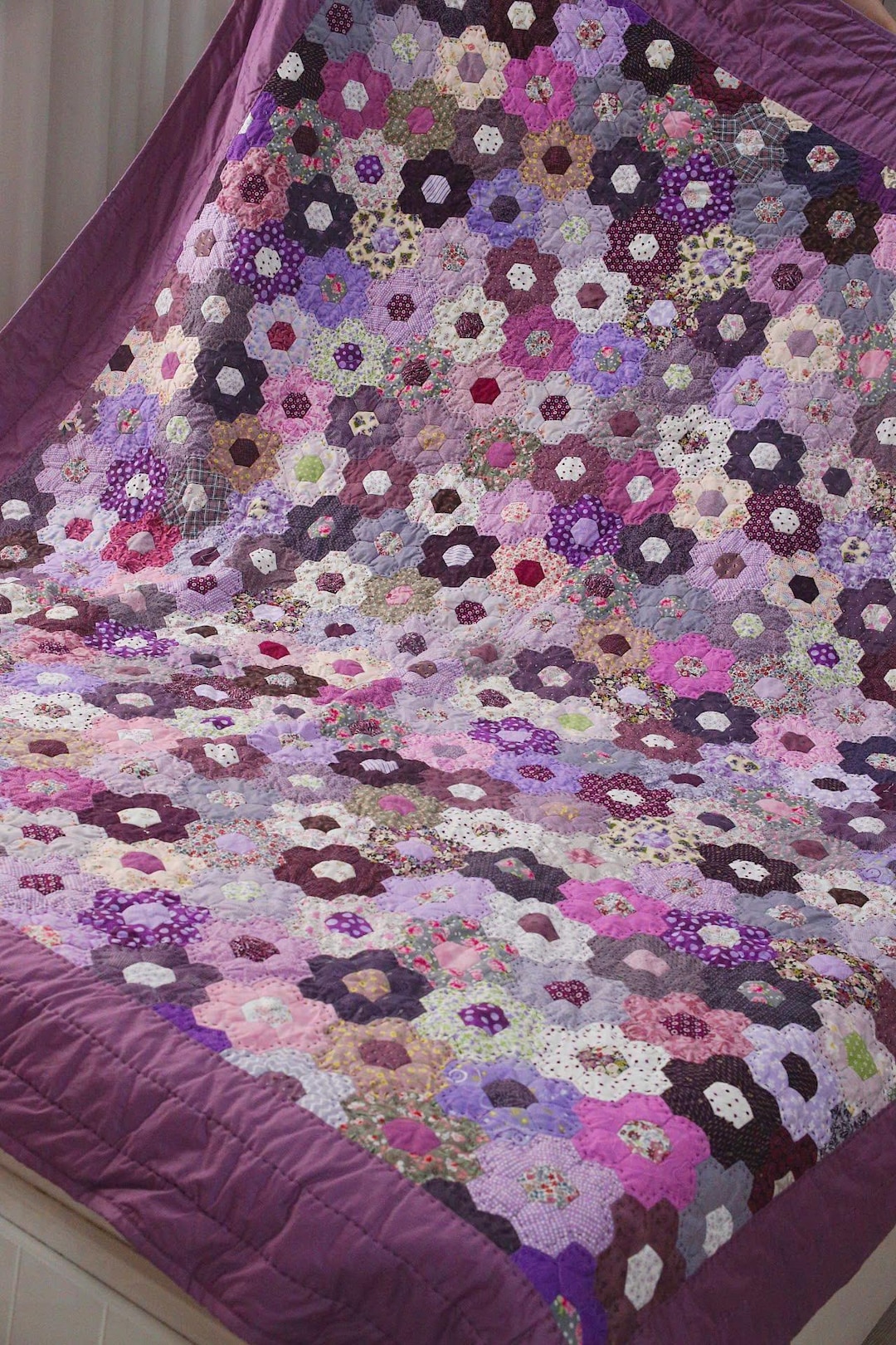 Hand-quilted Hexagon Patchwork Quilt: Bordeaux Amish Style, Custom Made ...