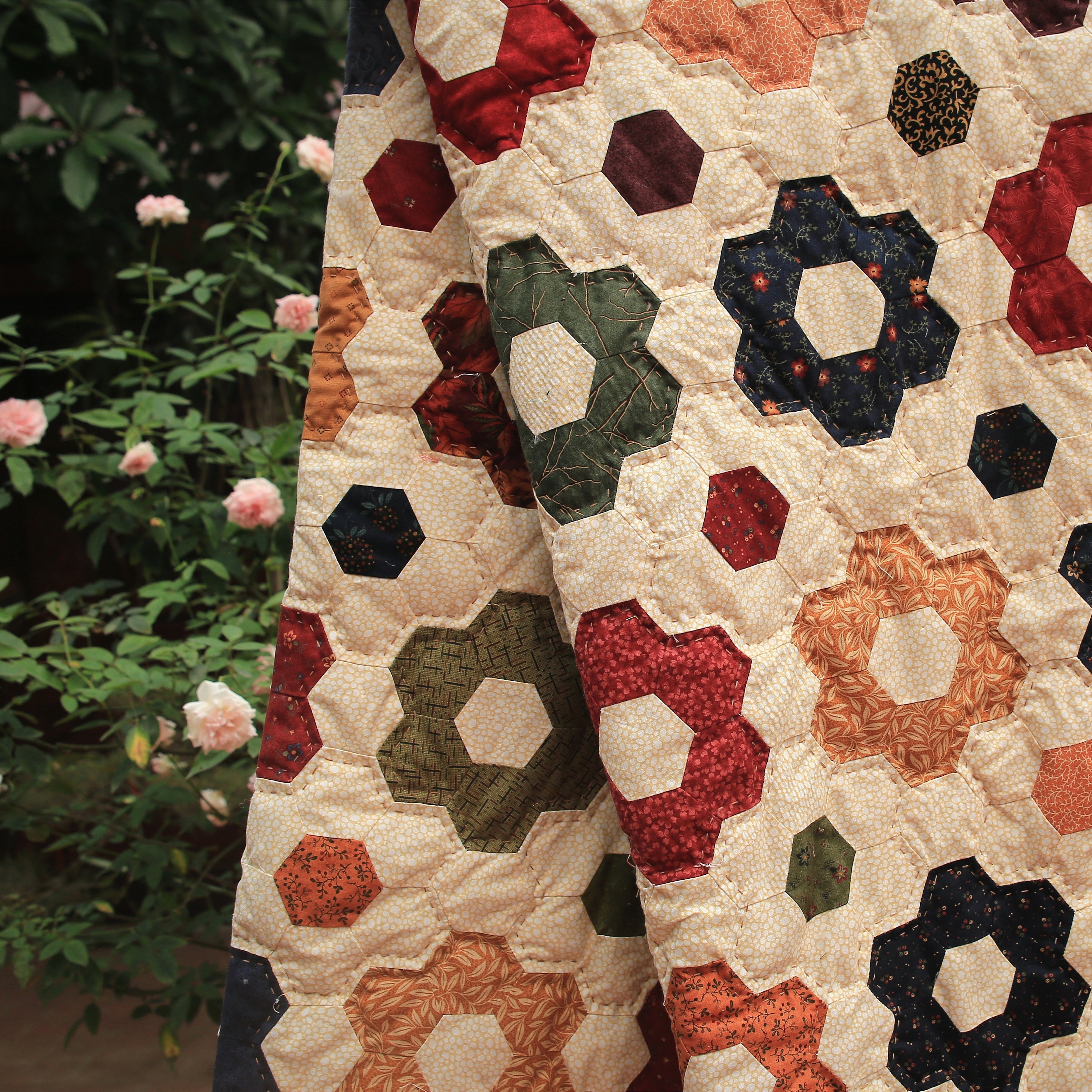 Hexagon Quilt for Sale, Amish Hand Quilted Bordeaux Patchwork ...