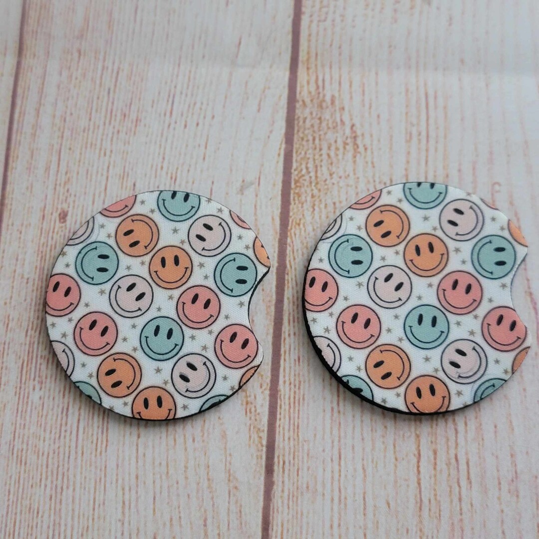 Happy Face Smiley Car Coasters, Personalized Car Cup Holder Coasters ...