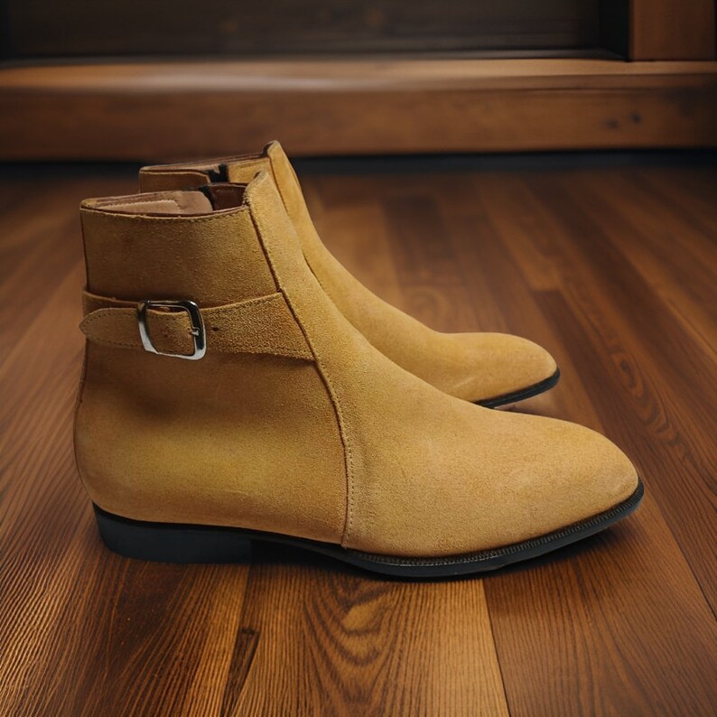 Men's Handmade Suede Beige Chelsea Long Boot , Men's Side Zipper Dress ...