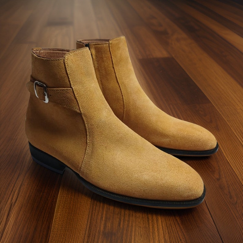 Men's Handmade Suede Beige Chelsea Long Boot , Men's Side Zipper Dress ...