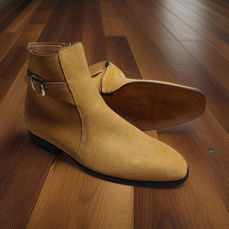 Men's Handmade Suede Beige Chelsea Long Boot , Men's Side Zipper Dress ...