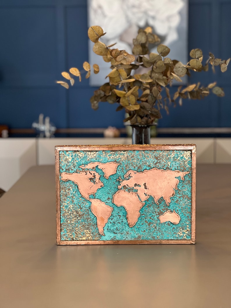 Rustic Copper Wall Art | Metal World Map L Copper Patina Decor L World ...