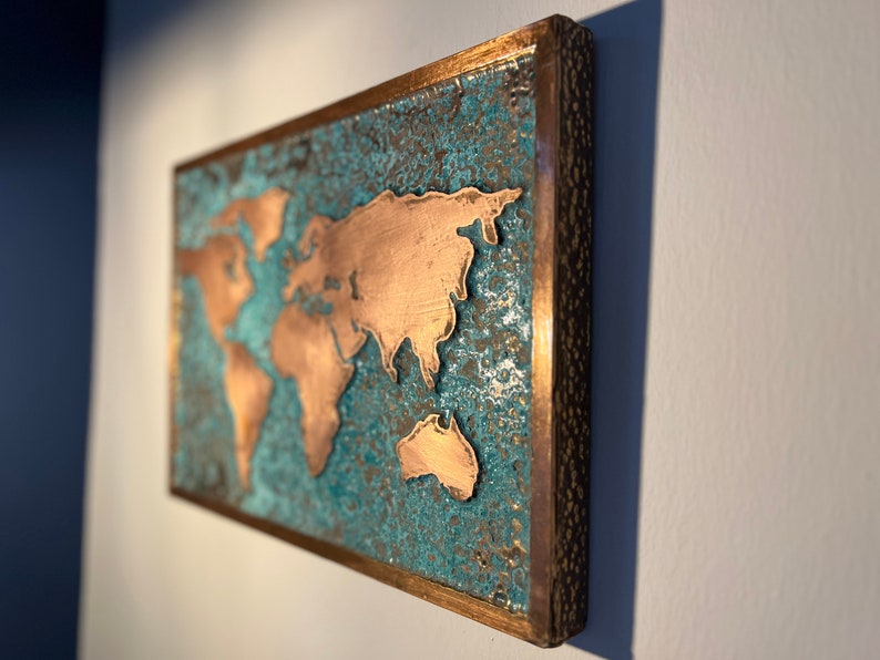 Rustic Copper Wall Art | Metal World Map L Copper Patina Decor L World ...
