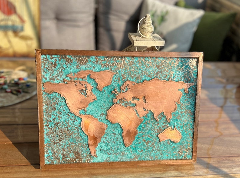 Rustic Copper Wall Art | Metal World Map L Copper Patina Decor L World ...