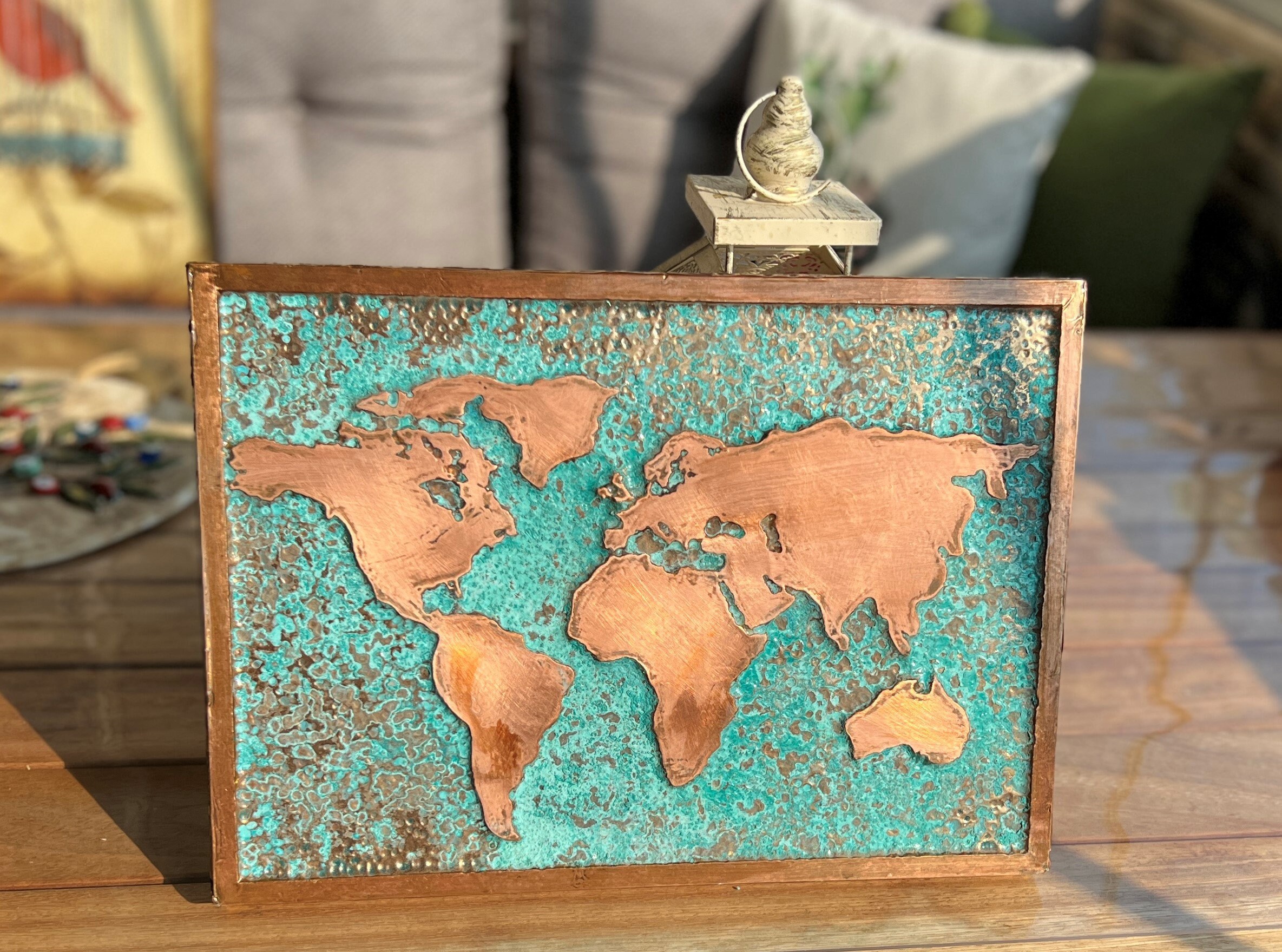 Rustic Copper Wall Art | Metal World Map L Copper Patina Decor L World ...